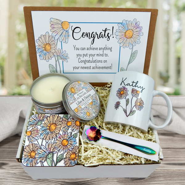 Personalized Congratulations Gift Basket with Daisy Theme – Blue Stone ...